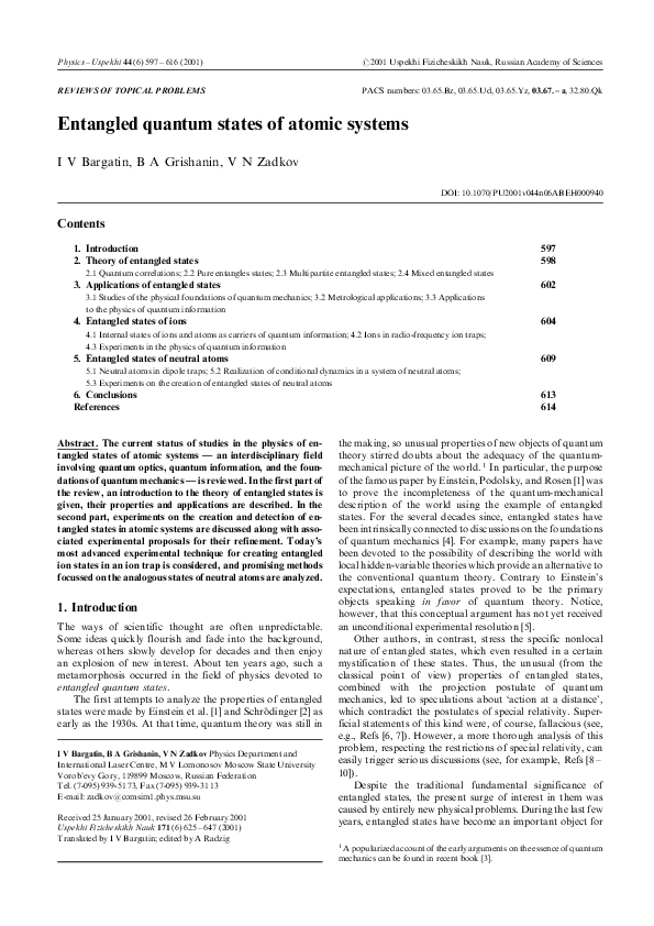 Pdf Entangled Quantum States Of Atomic Systems Victor Zadkov