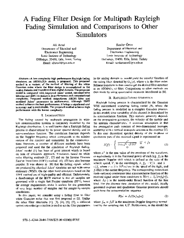 (PDF) A fading filter design for multipath Rayleigh fading simulation and comparisons to other ...