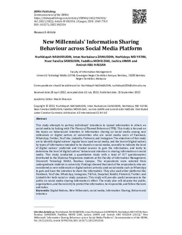 (PDF) New Millennials’ Information Sharing Behaviour across Social Media Platform