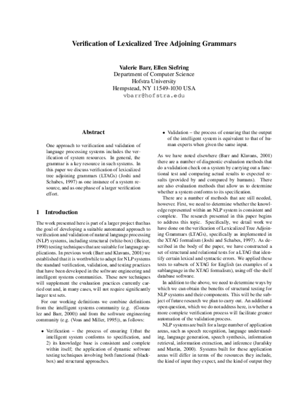 Pdf Verification Of Lexicalized Tree Adjoining Grammars Valerie Barr