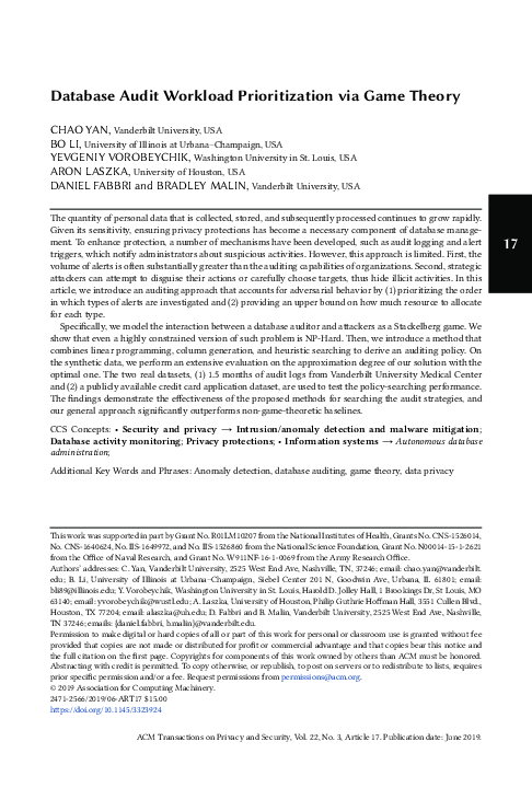 (PDF) Database Audit Workload Prioritization via Game Theory