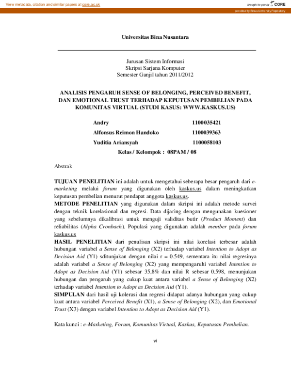 (PDF) Analisis Pengaruh Sense of Belonging, Perceived, Benefit, Dan ...
