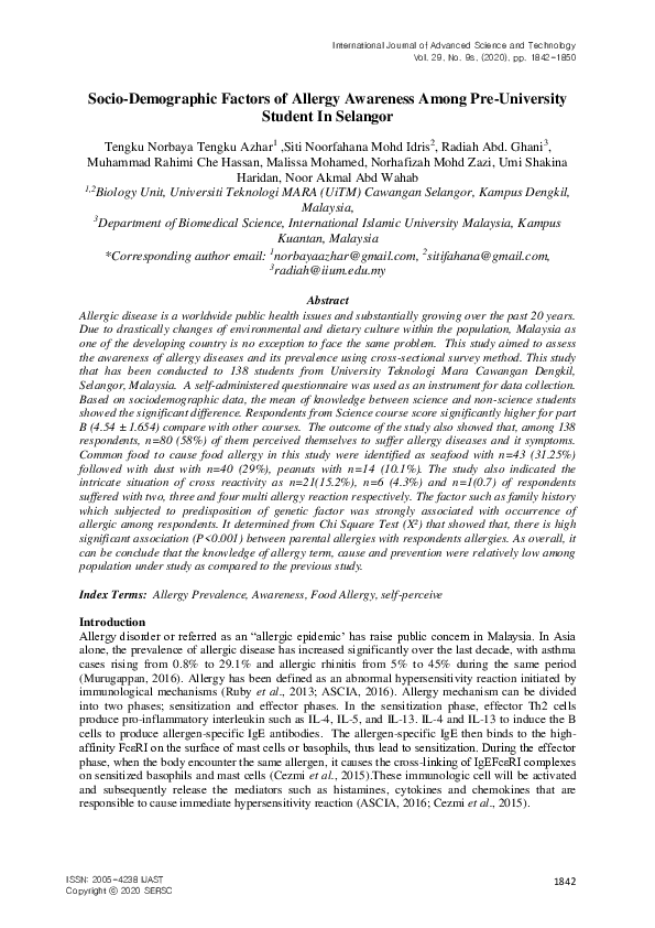 (PDF) Socio-demographic factors of allergy awareness among pre-university student in Selangor