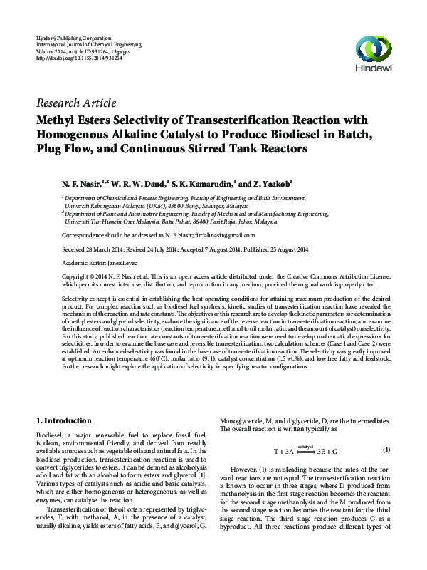 (PDF) Methyl Esters Selectivity of Transesterification Reaction with Homogenous Alkaline ...