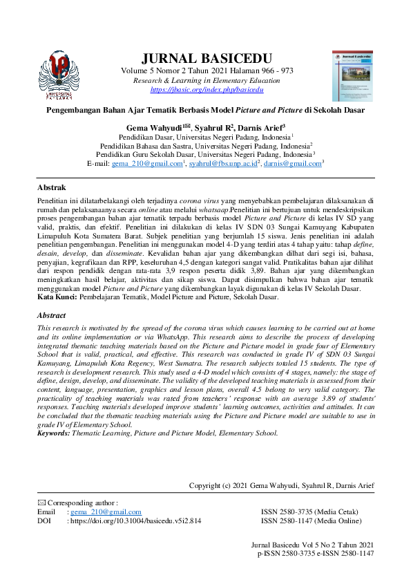 (PDF) Pengembangan Bahan Ajar Tematik Berbasis Model Picture and Picture di Sekolah Dasar
