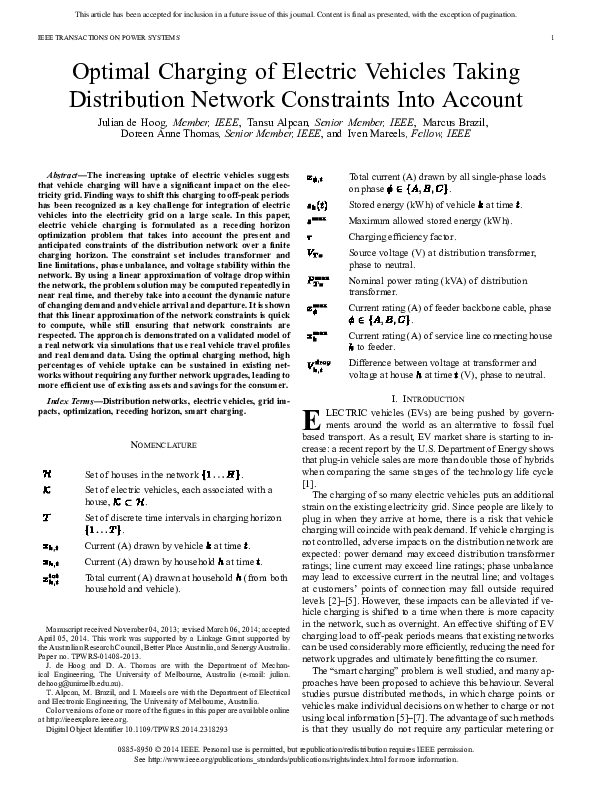 (PDF) Optimal Charging of Electric Vehicles Taking Distribution Network Constraints Into Account