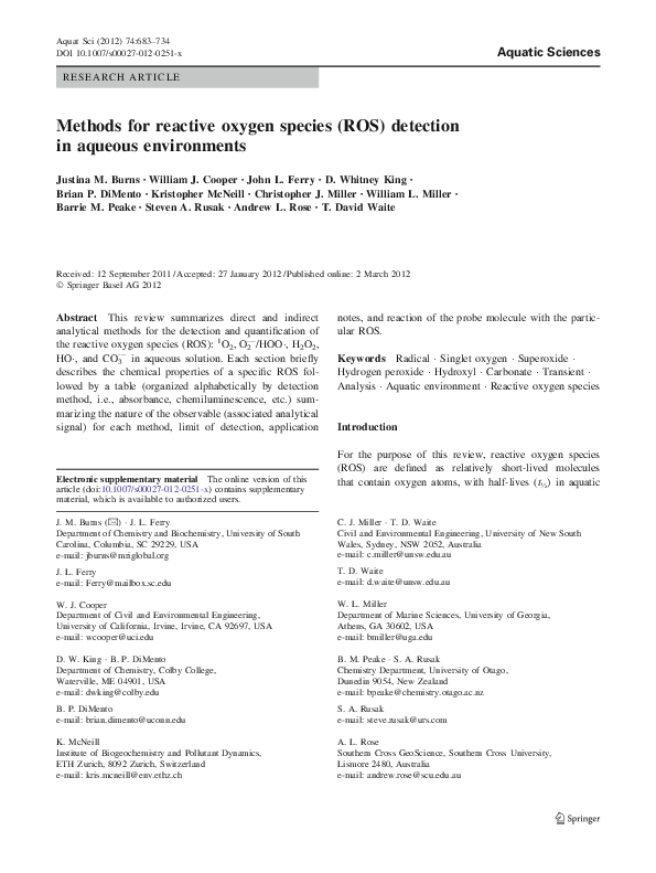 (PDF) Methods for reactive oxygen species (ROS) detection in aqueous ...