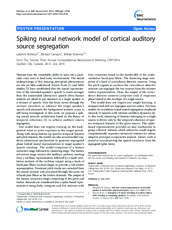 (PDF) Spiking neural network model of cortical auditory source ... (PDF) Spiking neural network model of cortical auditory source ...