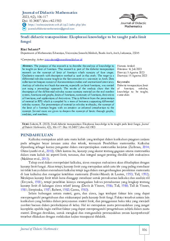 (PDF) Studi didactic transposition: Eksplorasi knowledge to be taught pada limit fungsi