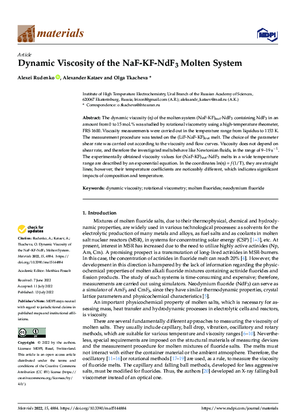 (PDF) Dynamic Viscosity of the NaF-KF-NdF3 Molten System