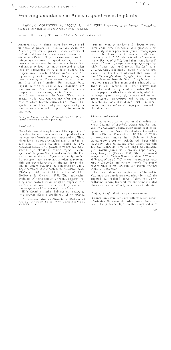 (PDF) Freezing avoidance in Andean giant rosette plants | fermin rada ...