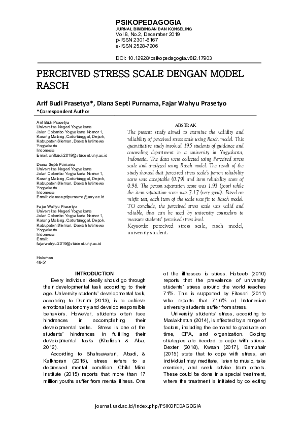 (PDF) Validity and Reliability of The Perceived Stress Scale with RASCH ...