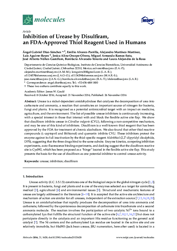 (PDF) Inhibition of Urease by Disulfiram, an FDA-Approved Thiol Reagent ...