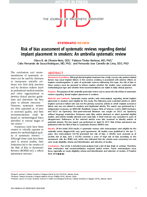 (PDF) Risk of bias assessment of systematic reviews regarding dental ...