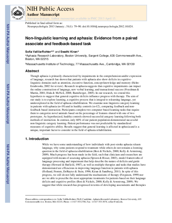 (PDF) Non-linguistic learning and aphasia: Evidence from a paired ...