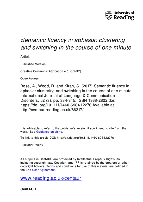 (PDF) Semantic fluency in aphasia: clustering and switching in the ...