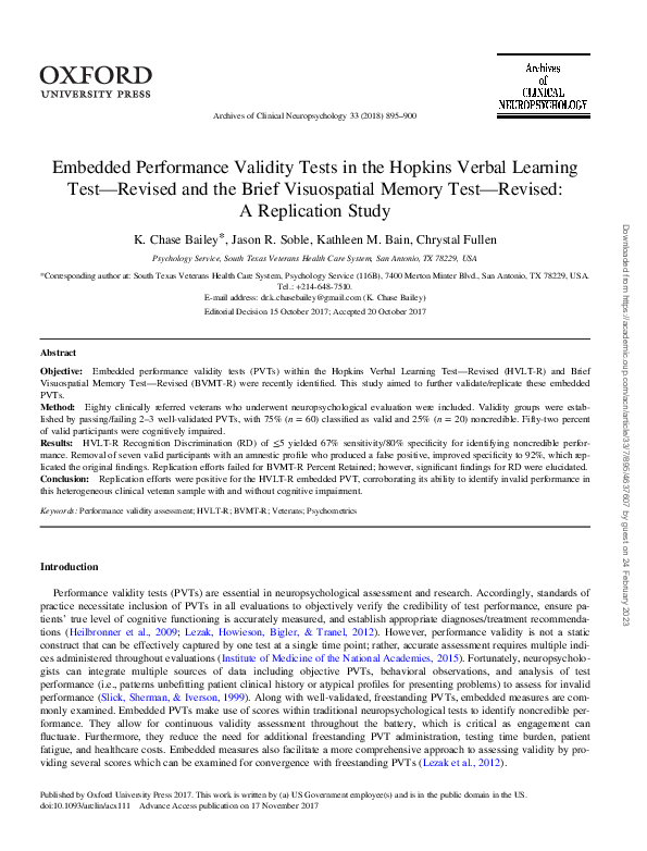 (PDF) Embedded Performance Validity Tests in the Hopkins Verbal ...