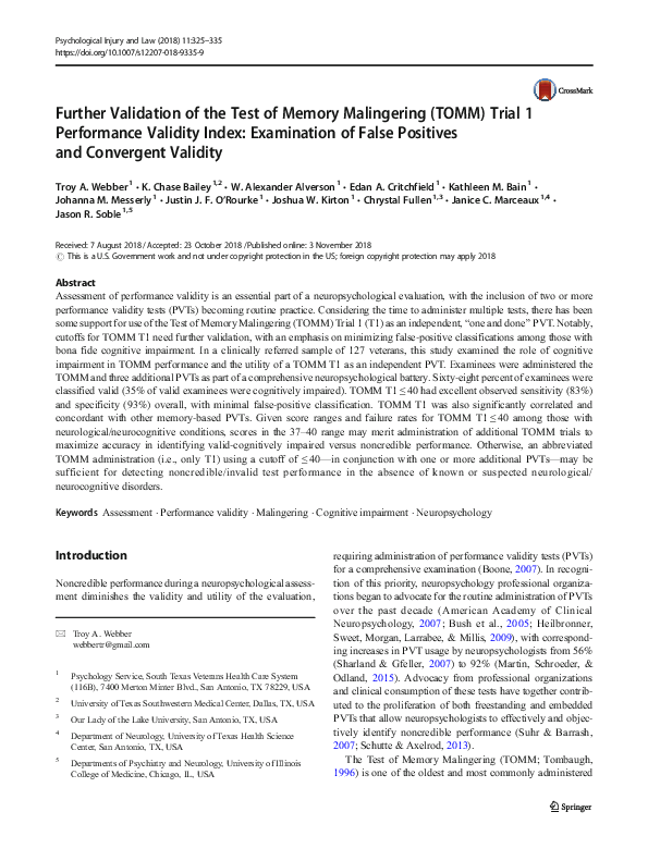 (PDF) Further Validation of the Test of Memory Malingering (TOMM) Trial ...