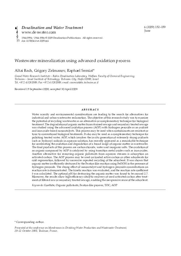 (PDF) Wastewater mineralization using advanced oxidation process