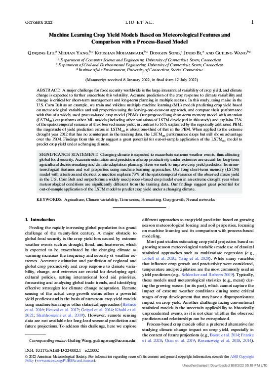 (PDF) Machine Learning Crop Yield Models Based on Meteorological Features and Comparison with a ...