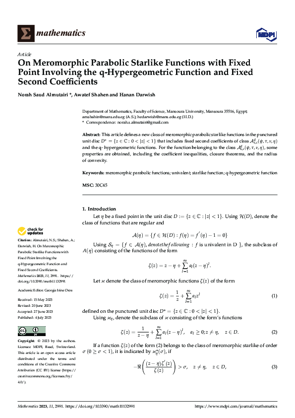 Pdf On Meromorphic Parabolic Starlike Functions With Fixed Point Involving The Q