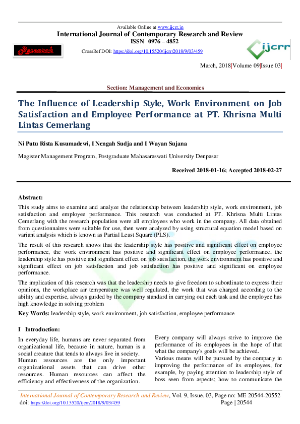 (PDF) The Influence of Leadership Style, Work Environment on Job Satisfaction and Employee ...