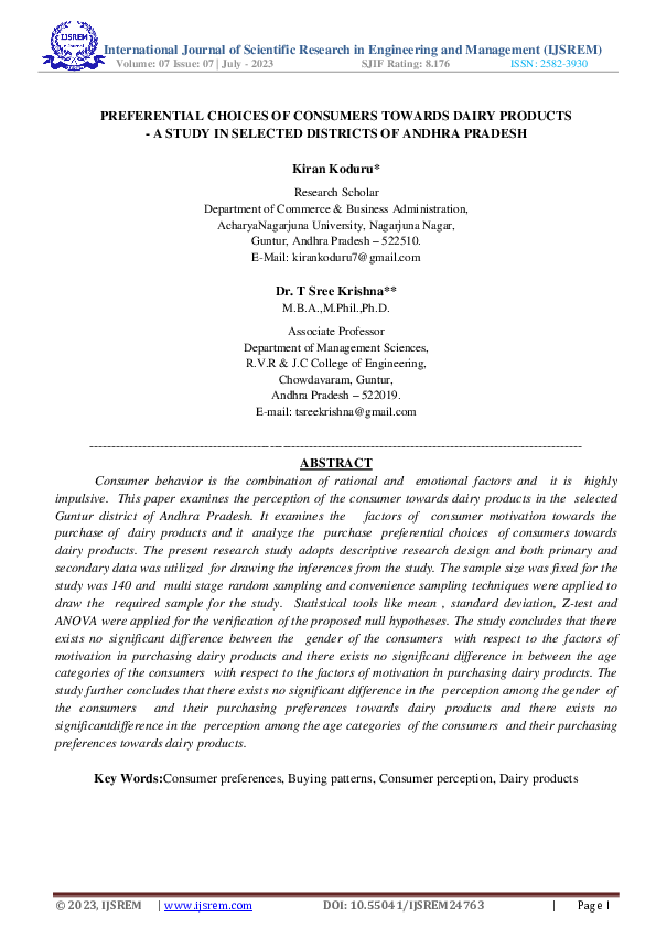 (PDF) Preferential Choices of Consumers Towards Dairy Products - a ...