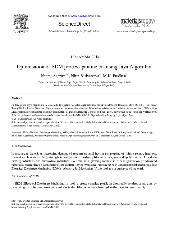 Pdf Optimisation Of Edm Process Parameters Using Jaya Algorithm