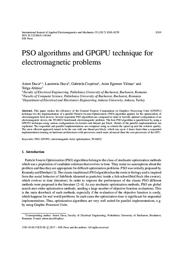 (PDF) PSO algorithms and GPGPU technique for electromagnetic problems