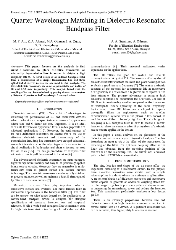 (PDF) Quarter wavelength matching in dielectric resonator bandpass filter