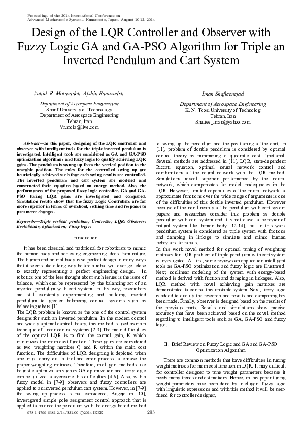 Pdf Design Of The Lqr Controller And Observer With Fuzzy Logic Ga And Ga Pso Algorithm For 