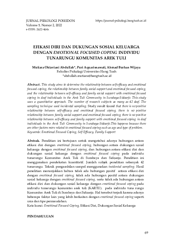 (PDF) Efikasi Diri Dan Dukungan Sosial Keluarga Dengan Emotional Focused Coping Individu ...