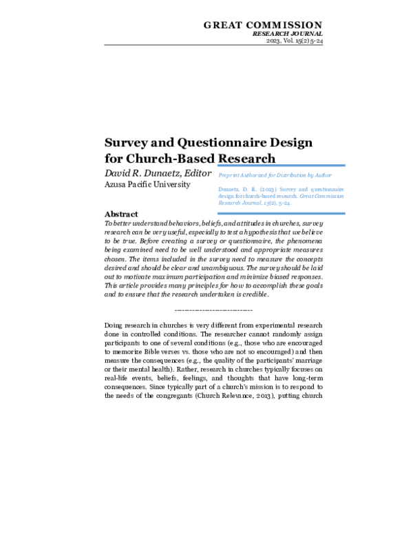 (PDF) Survey and Questionnaire Design for Church-Based Research