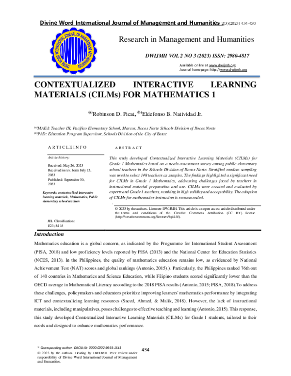 (PDF) CONTEXTUALIZED INTERACTIVE LEARNING MATERIALS (CILMs) FOR MATHEMATICS 1 (a