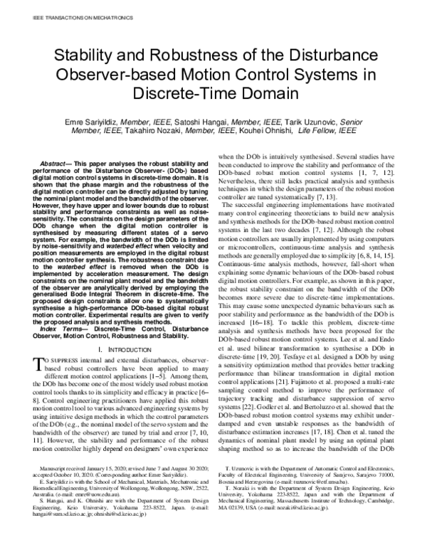 (PDF) Stability and Robustness of the Disturbance Observer-based Motion ...