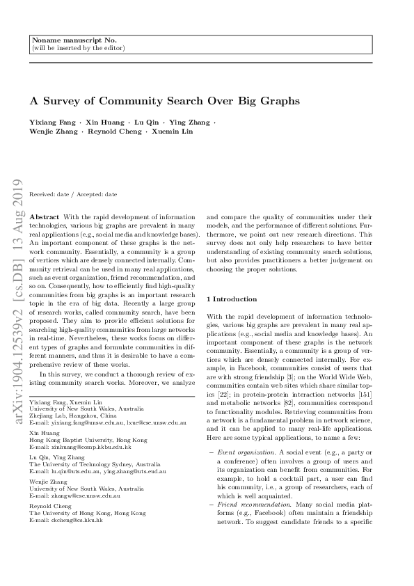 (PDF) A survey of community search over big graphs