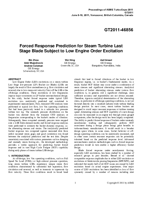 (PDF) Forced Response Prediction for Steam Turbine Last Stage Blade Subject to Low Engine Order ...