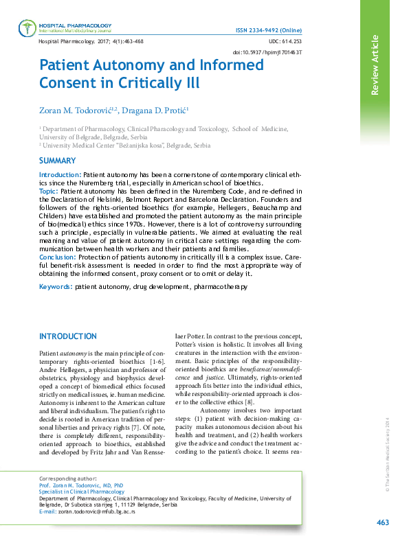 (PDF) Patient autonomy and informed consent in critically lll