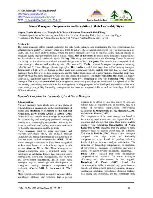 (PDF) Nurse Managers’ Competencies and its relation to their Leadership Styles