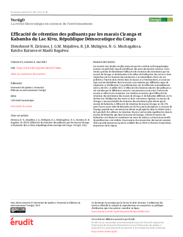 (PDF) Efficacité de rétention des polluants par les marais Ciranga et ...