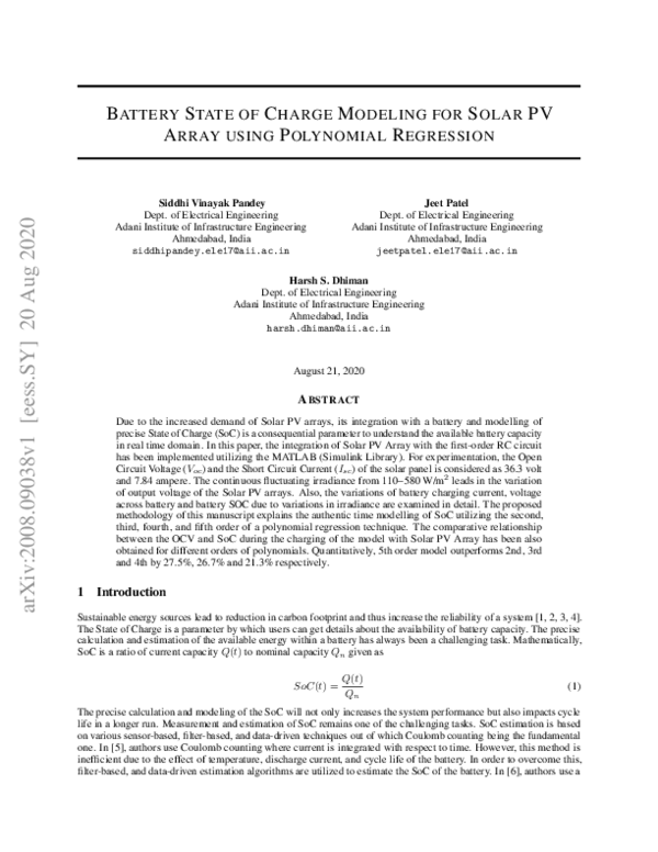 Pdf Battery State‐of‐charge Modeling For Solar Pv Array Using Polynomial Regression