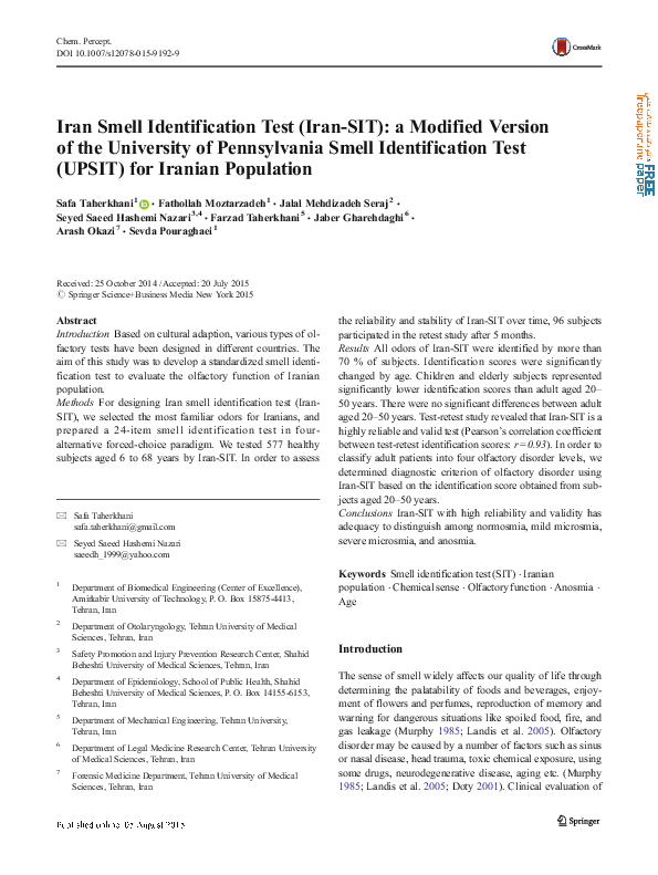 (PDF) Iran Smell Identification Test (Iran-SIT): a Modified Version of ...