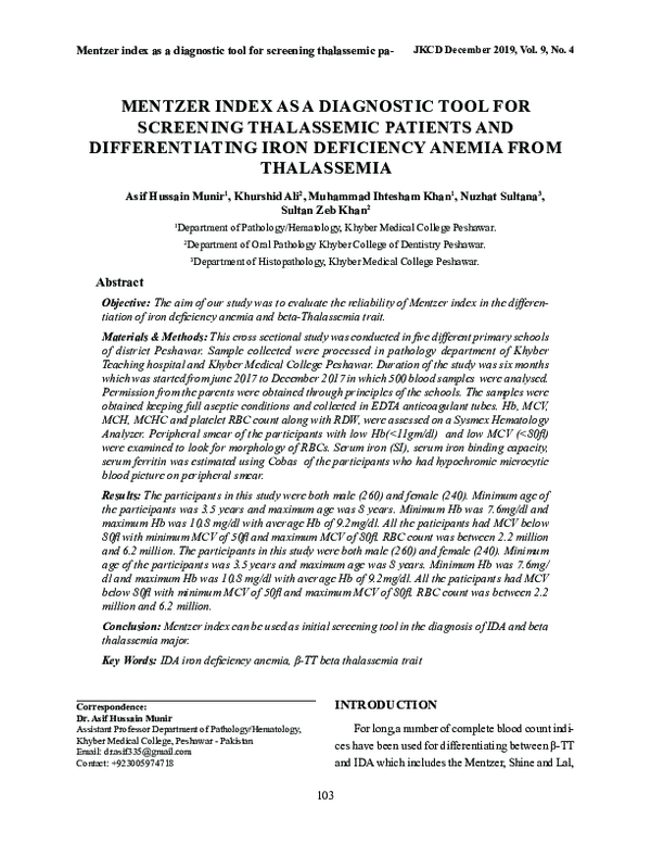(PDF) Mentzer Index as a Diagnostic Tool for Screening Thalassemic ...