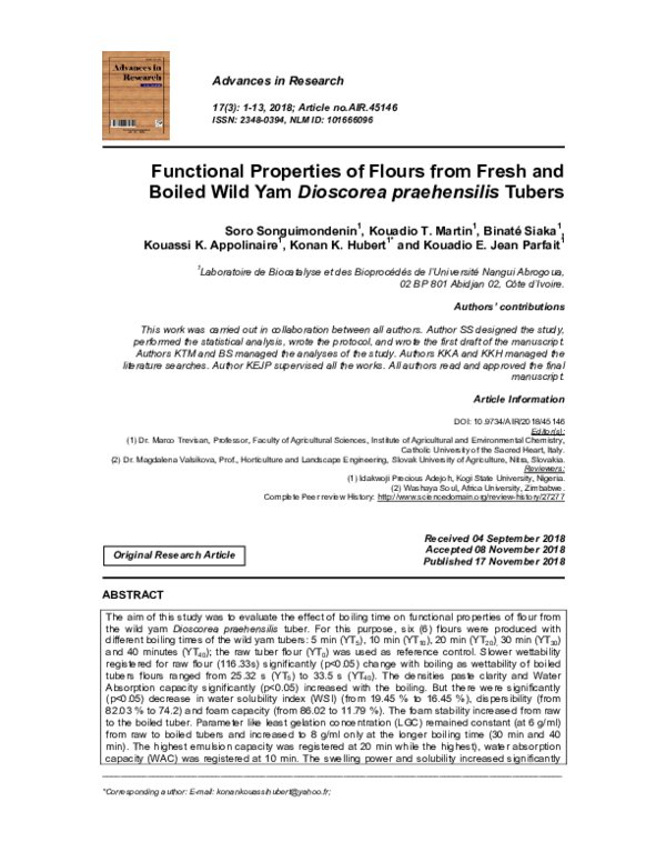 (PDF) Functional Properties of Flours from Fresh and Boiled Wild Yam Dioscorea praehensilis ...
