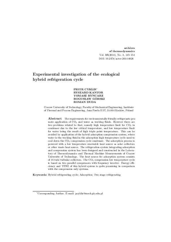 (PDF) Experimental investigation of the ecological hybrid refrigeration ... (PDF) Experimental investigation of the ecological hybrid refrigeration ...