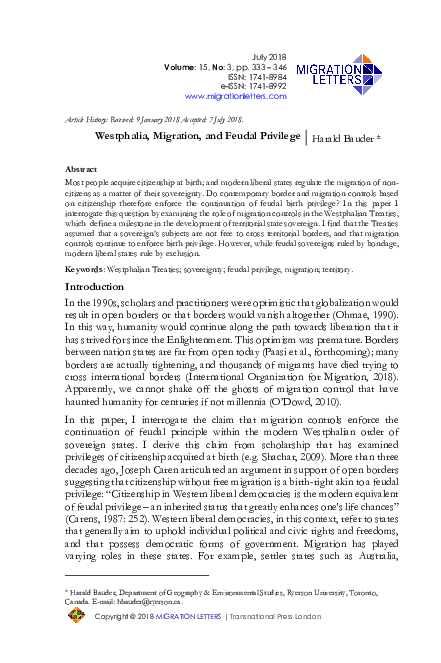(PDF) Westphalia, Migration, and Feudal Privilege
