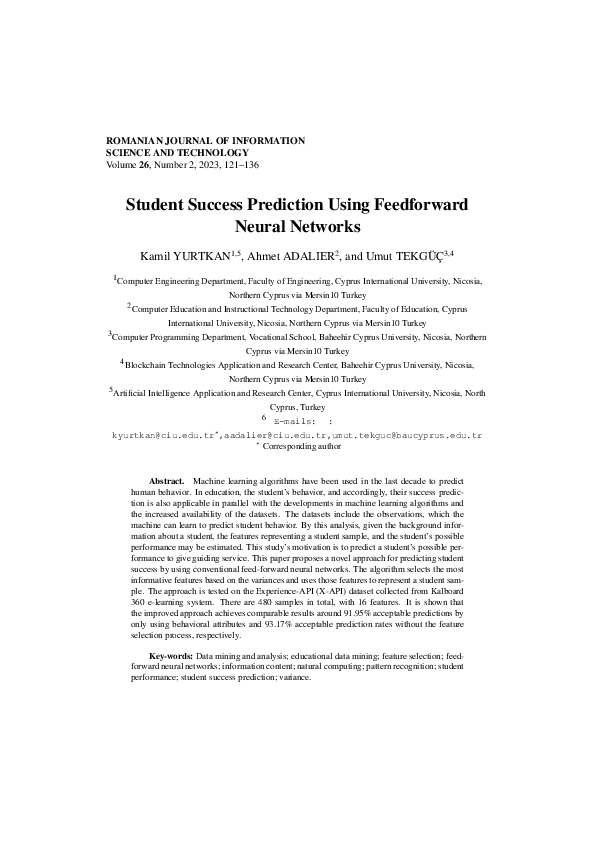 (PDF) Student Success Prediction Using Feedforward Neural Networks