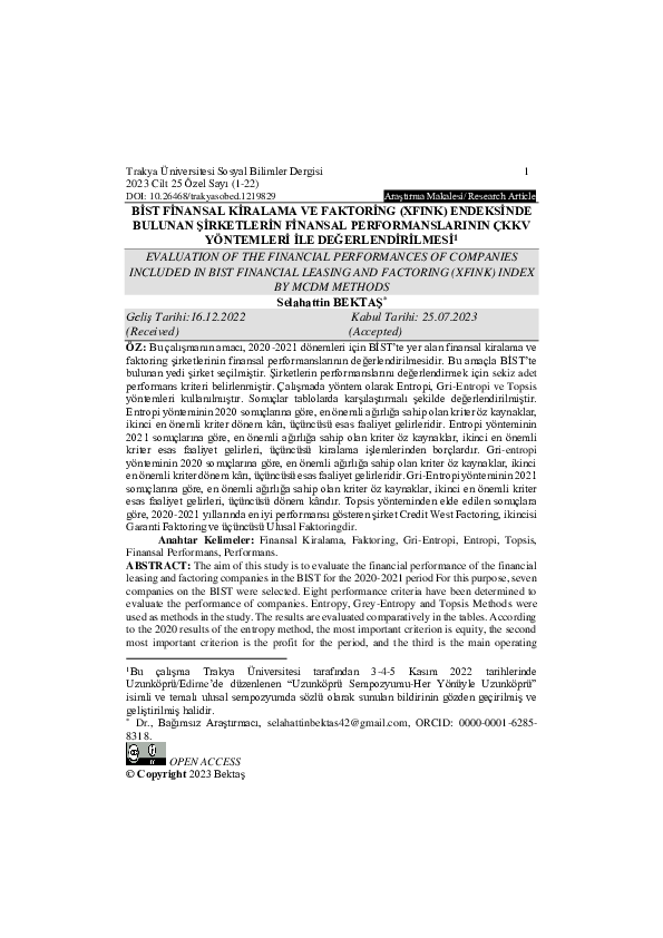 (PDF) BİST FİNANSAL KİRALAMA VE FAKTORİNG (XFINK) ENDEKSİNDE BULUNAN ...