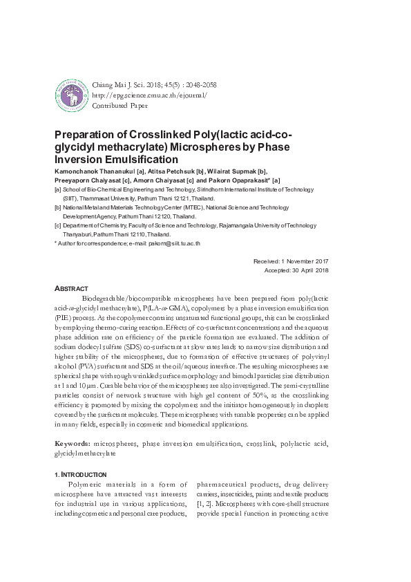 (PDF) Preparation of Crosslinked Poly(lactic acid-co-glycidyl methacrylate) Microspheres by ...