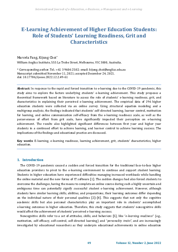 (PDF) E-Learning Achievement of Higher Education Students: Role of Students’ Learning Readiness ...
